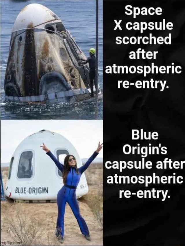 Space X capsule scorched after atmospheric re-entry. Blue Origin's ...