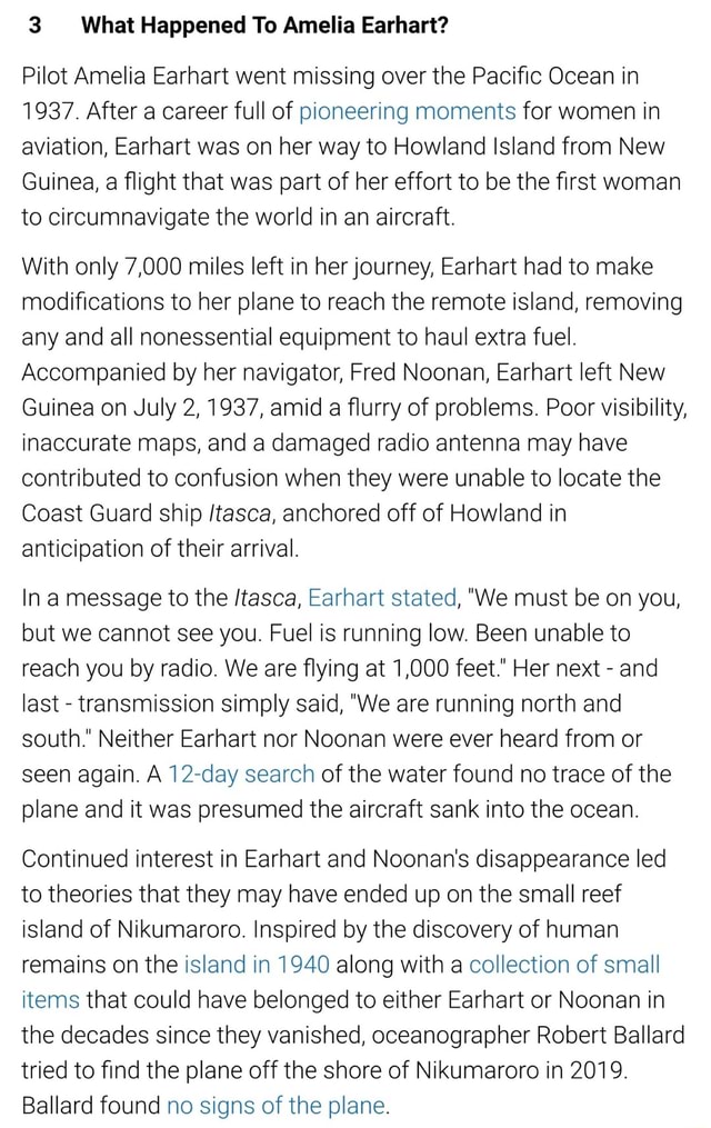 3 What Happened To Amelia Earhart? Pilot Amelia Earhart went missing ...