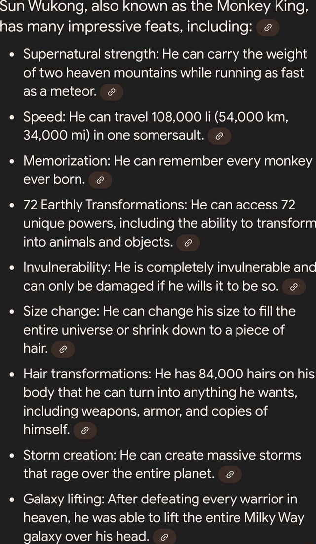 Sun Wukong, also known as the Monkey King, has many impressive feats ...