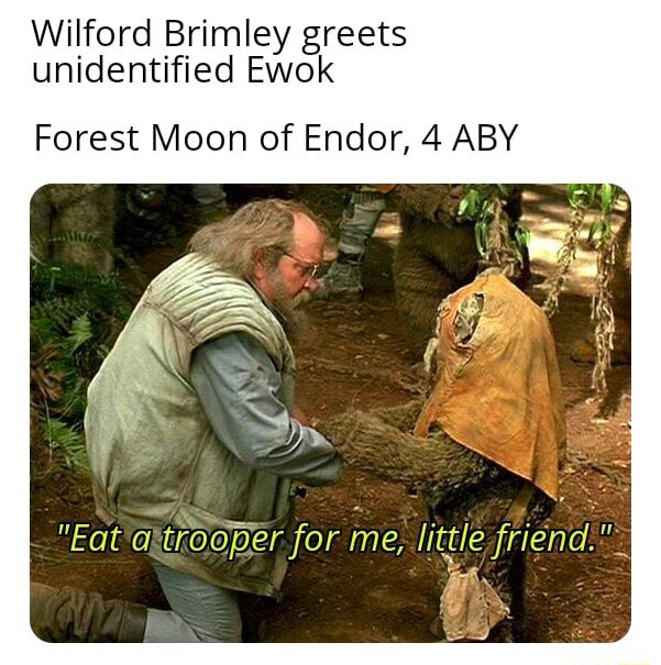 Wilford Brimley greets unidentified Ewok Forest Moon of Endor, 4 ABY ...
