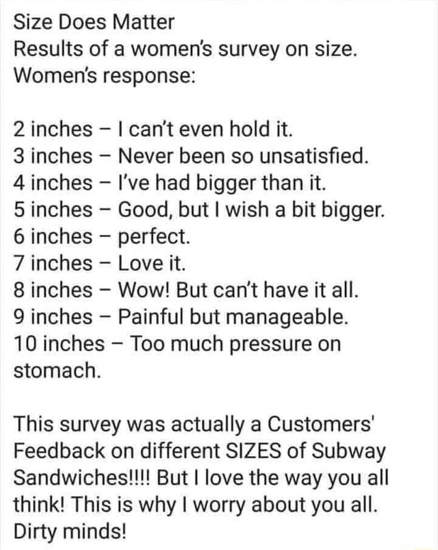 Size Does Matter Results of a women's survey on size. Women's response ...