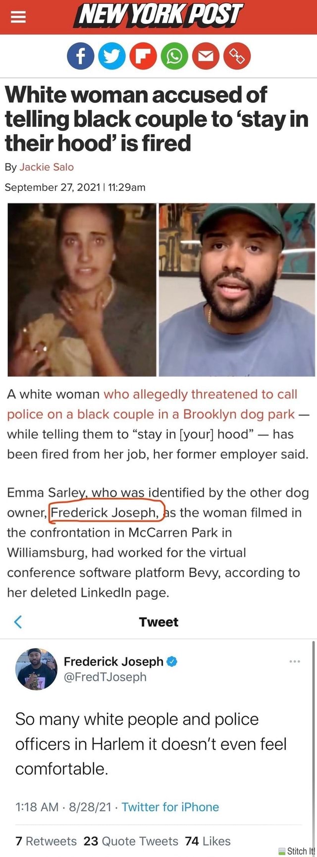 NEW YORK POST White woman accused of telling black couple to 'stay in ...