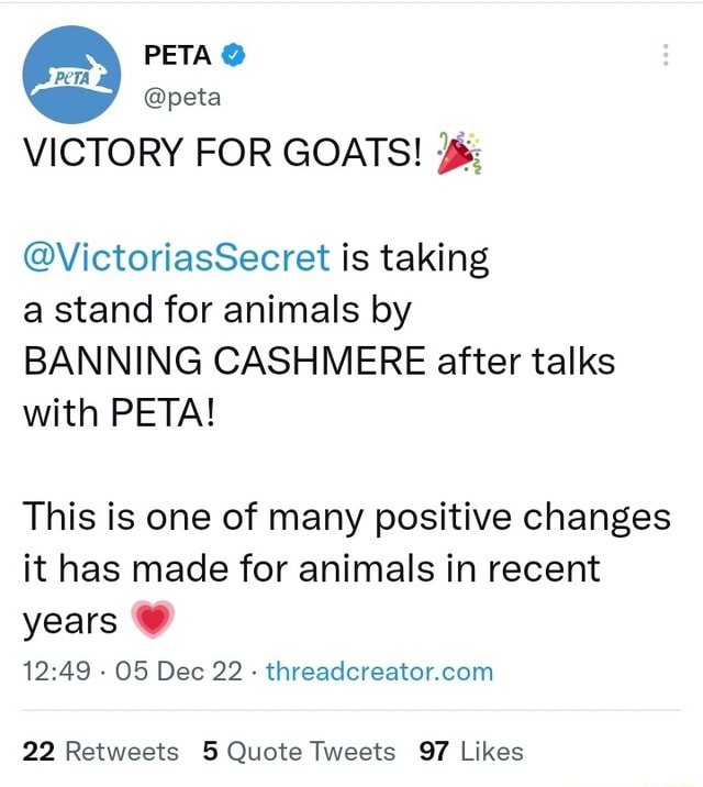 PETA @pate VICTORY FOR GOATS! @VictoriasSecret is taking stand for ...