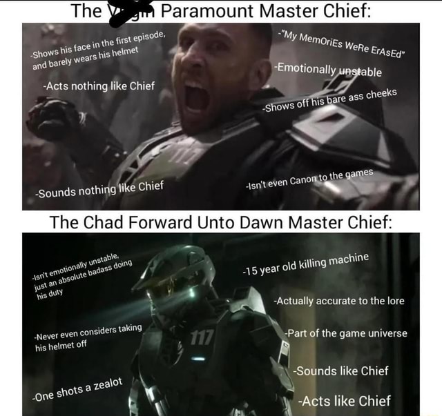 Master Chief: nthe first episode, shows his fac and parely We stis ...