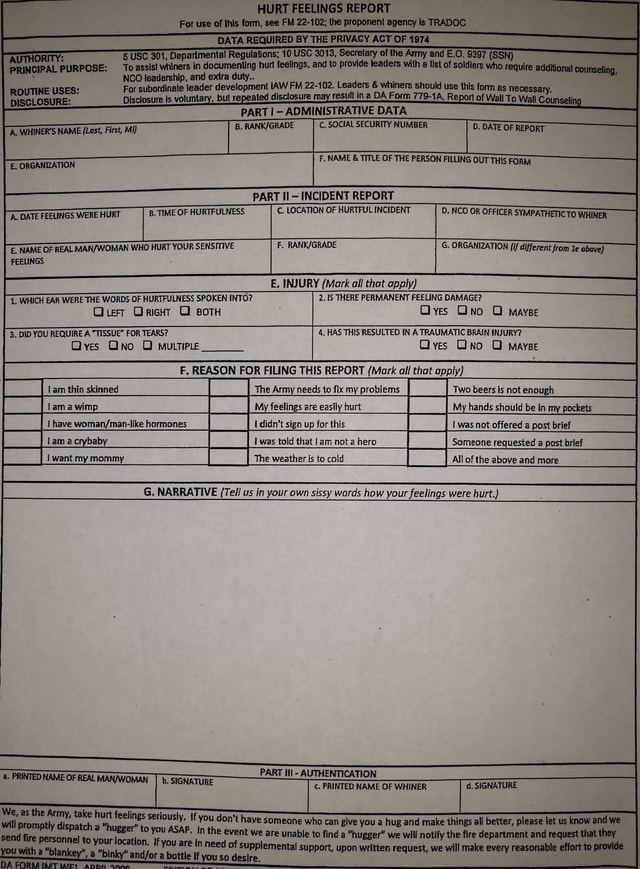 HURT FEELINGS REPORT For use of this form, see FM 22-102; the proponen ...