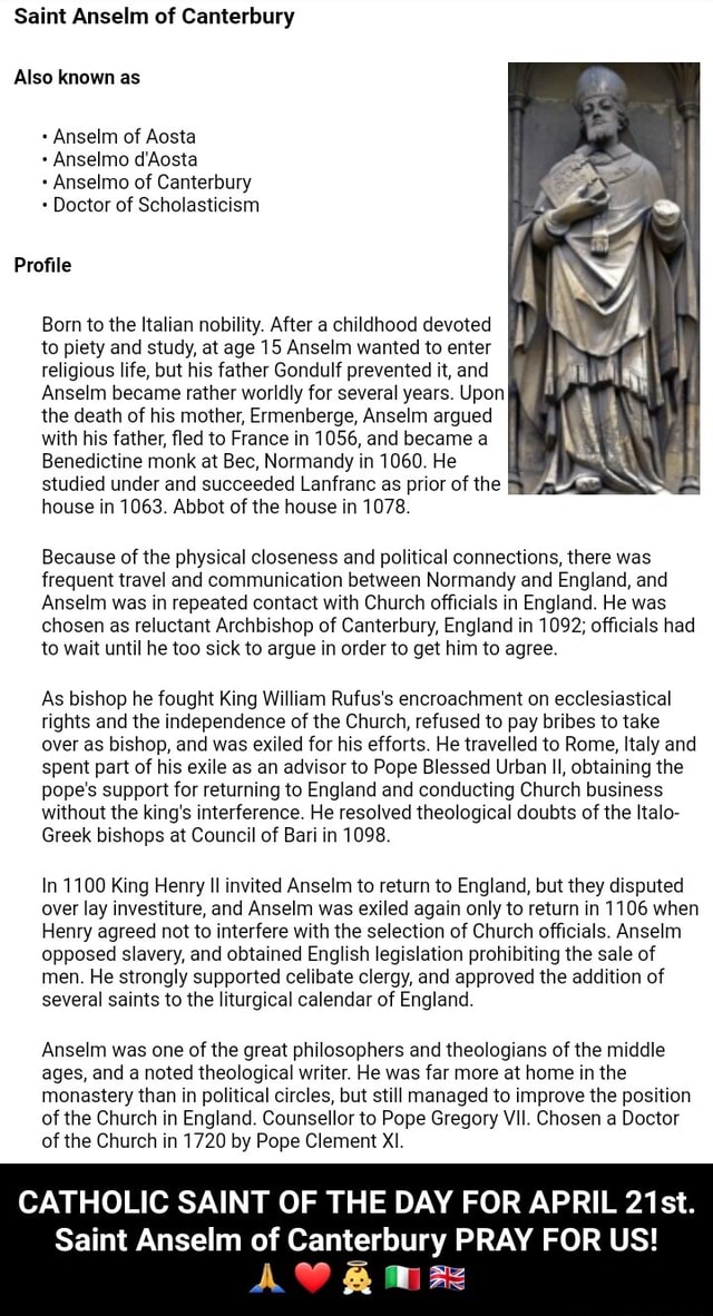 Saint Anselm of Canterbury Also known as Anselm of Aosta Anselmo dAosta ...