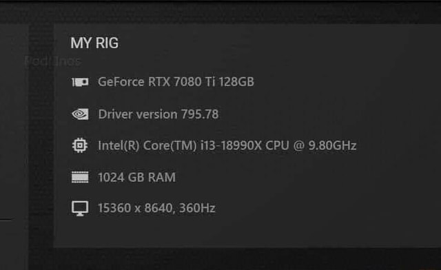 MY RIG GeForce RTX 7080 Ti 128GB Driver version 795.78 i13-18990X CPU ...