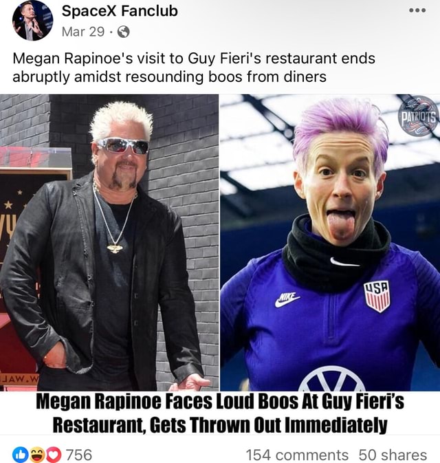 SpaceX Fanclub Mar 29 Megan Rapinoe's visit to Guy Fieri's restaurant ends abruptly amidst ...