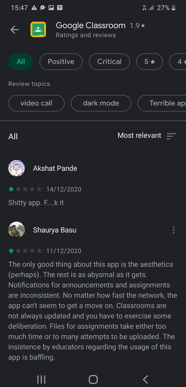 All 27% Google Classroom 1.9* Ratings and reviews All Positive Critical ...