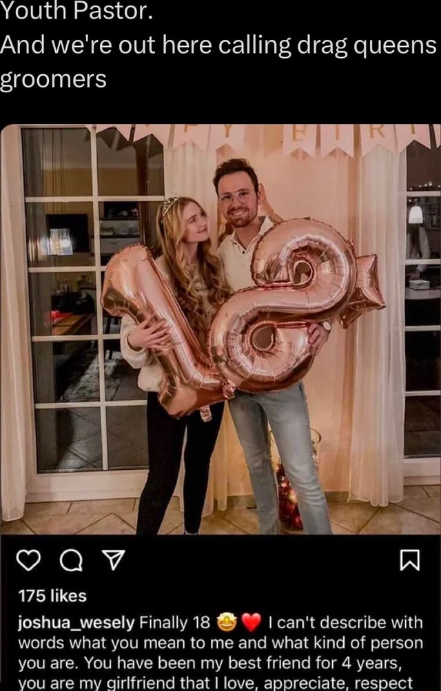 Youth Pastor. And we're out here calling drag queens groomers 175 likes ...
