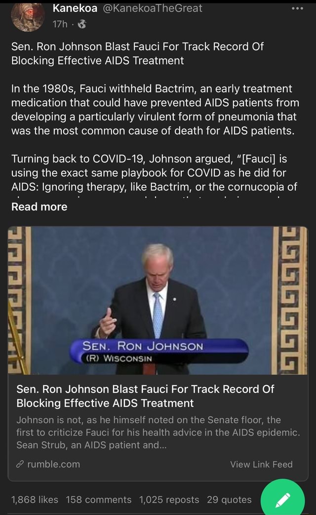Kanekoa @KanekoaTheGreat Sen. Ron Johnson Blast Fauci For Track Record ...