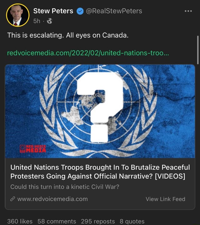 Stew Peters @RealStewPeters Sh This is escalating. All eyes on Canada ...