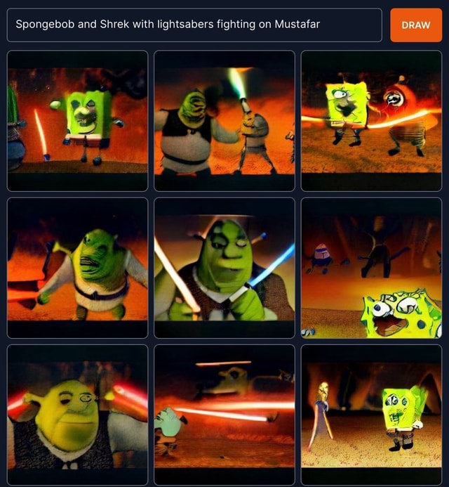 Spongebob and Shrek with lightsabers fighting on Mustafar - iFunny
