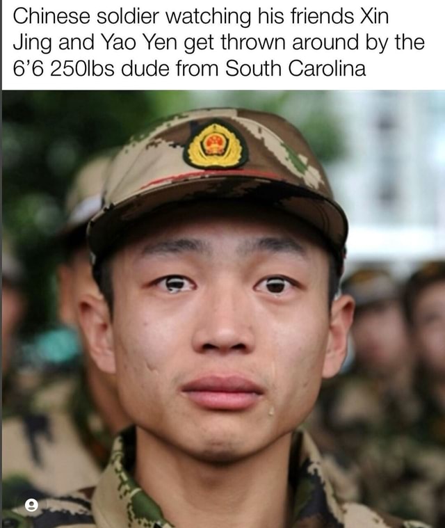 Chinese soldier watching his friends Xin Jing and Yao Yen get thrown ...