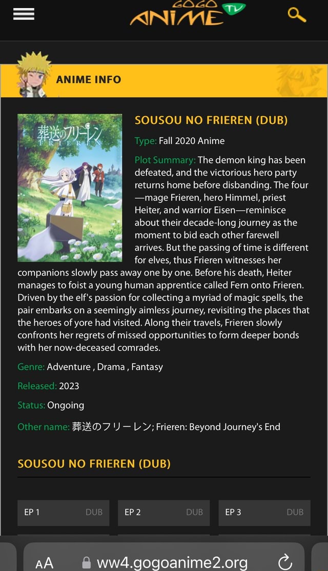 GOGO wW AINIME SOUSOU NO FRIEREN (DUB) Type: Fall 2020 Anime Plot ...