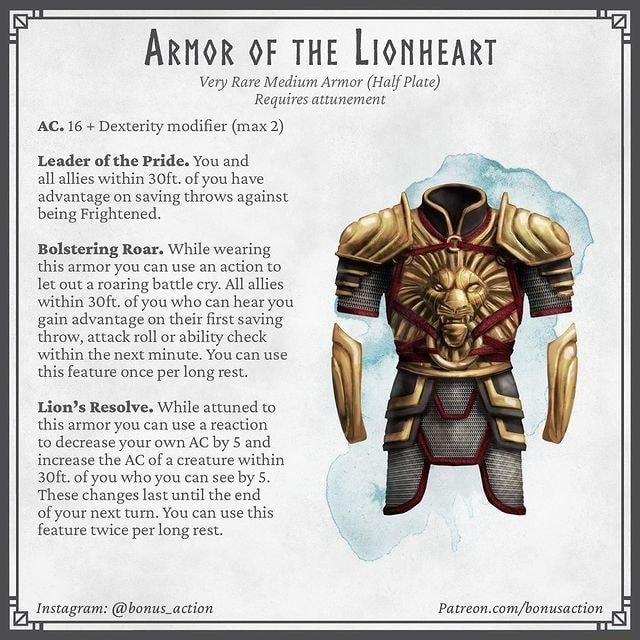 ArMOR OF THE LIONHEART Very Rare Medium Armor (Half Plate) Requires ...