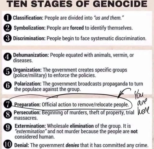TEN STAGES OF GENOCIDE 0 Classification: People are divided into ”us ...