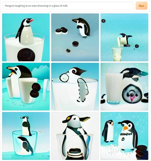 Penguin laughing at an areo drowning in glass -at milk - iFunny