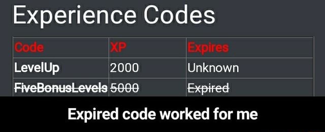 Experience Codes Gode Expires LevelUp 2000 Unknown FiveBenustevels 5000 ...
