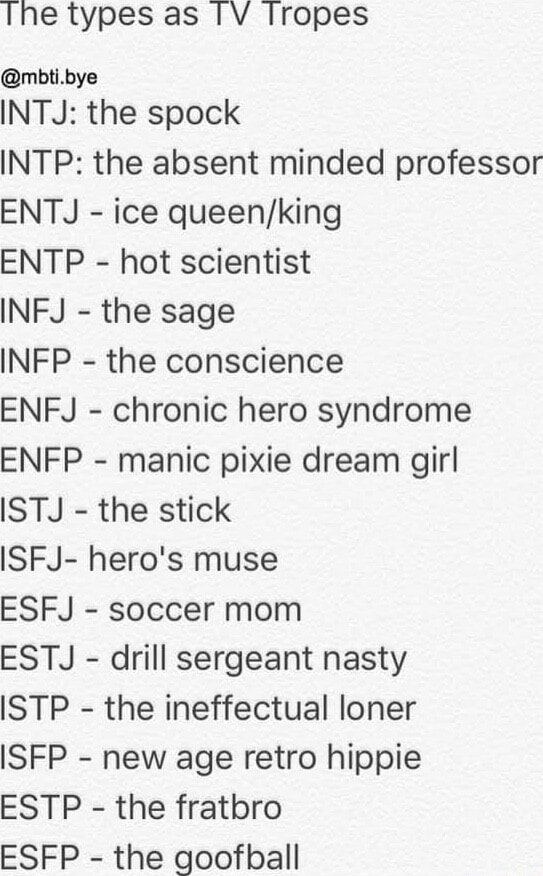 The types as Tropes @mbti.bye INTJ: the spock INTP: the absent minded ...