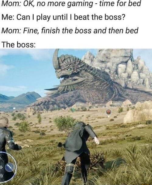 Mom: OK, no more gaming - time for Me: Can I play until I beat the boss ...