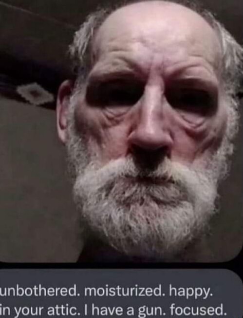 Unbothered. moisturized. happy. in your attic. I have a gun. focused ...