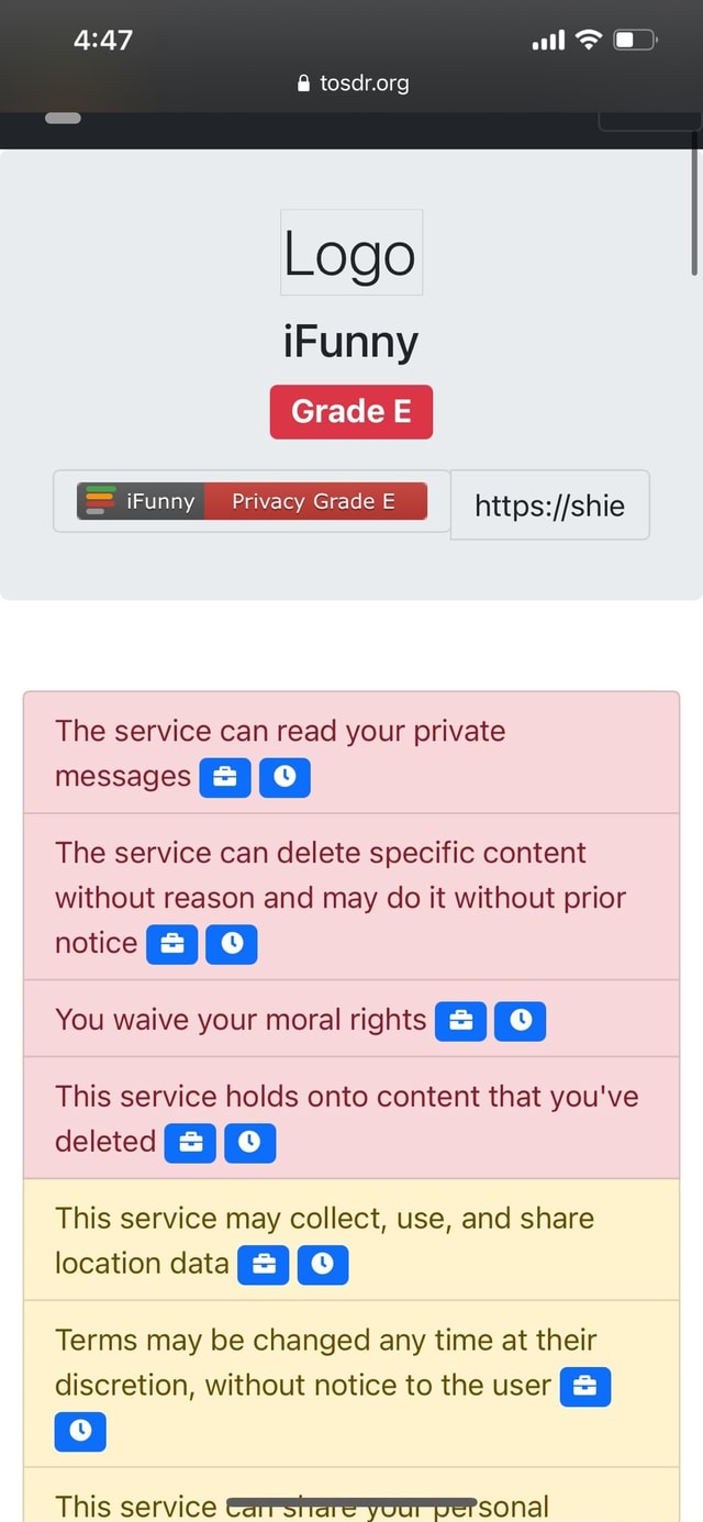 Logo iFunny GradeE iFunny Privacy Grade The service can read your ...