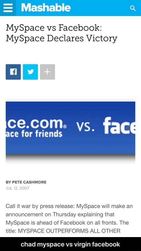 MySpace vs Facebook: MySpace Declares Victory Call it war by press ...
