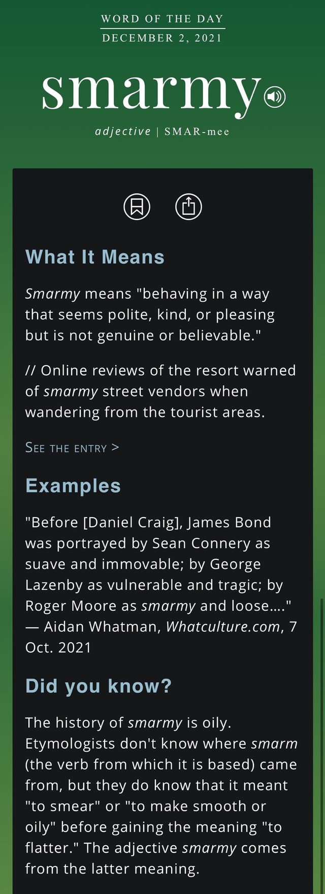 WORD OF THE DAY DECEMBER 2, 2021 smarmye adjective I SMAR-mee What It ...