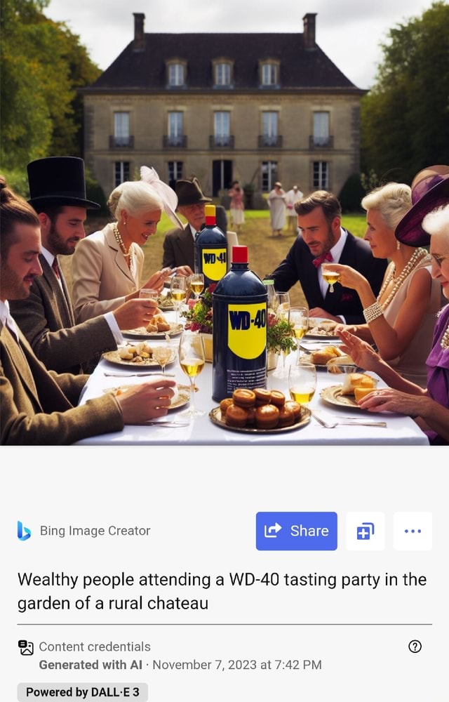 Bing Image Creator Share Wealthy people attending a WD-40 tasting party ...