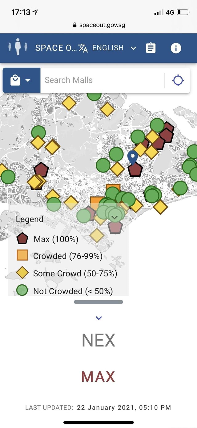46 @ spaceout.gov.sg SPACE O..% ENGLISH v Search Malls Ne max (100%) Crowded (76-99%) some Crowd ...