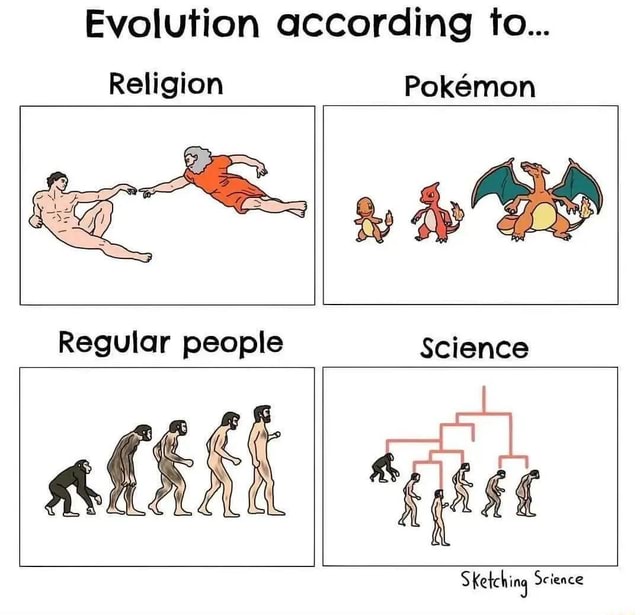 Evolution according to... Religion Pokemon Regular people Science af ...