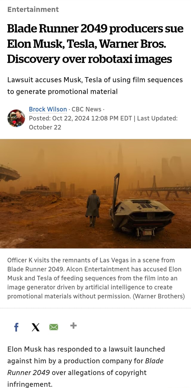 Entertainment Blade Runner 2049 producers sue Elon Musk, Tesla, Warner ...