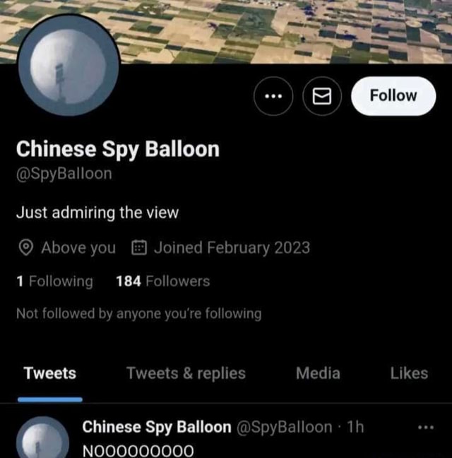 Chinese Spy Balloon @SpyBalloon Follow Just admiring the view Above you Joined February 2023 1 ...