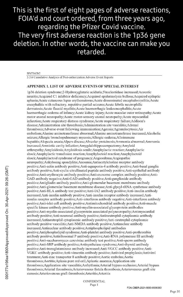 This is the first of eight pages of adverse reactions, FOIA'd and court ordered, from three ...