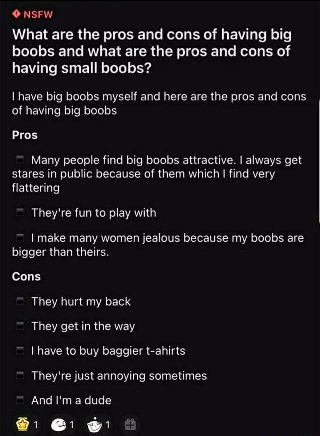 NSFW What are the pros and cons of having big boobs and what are the ...