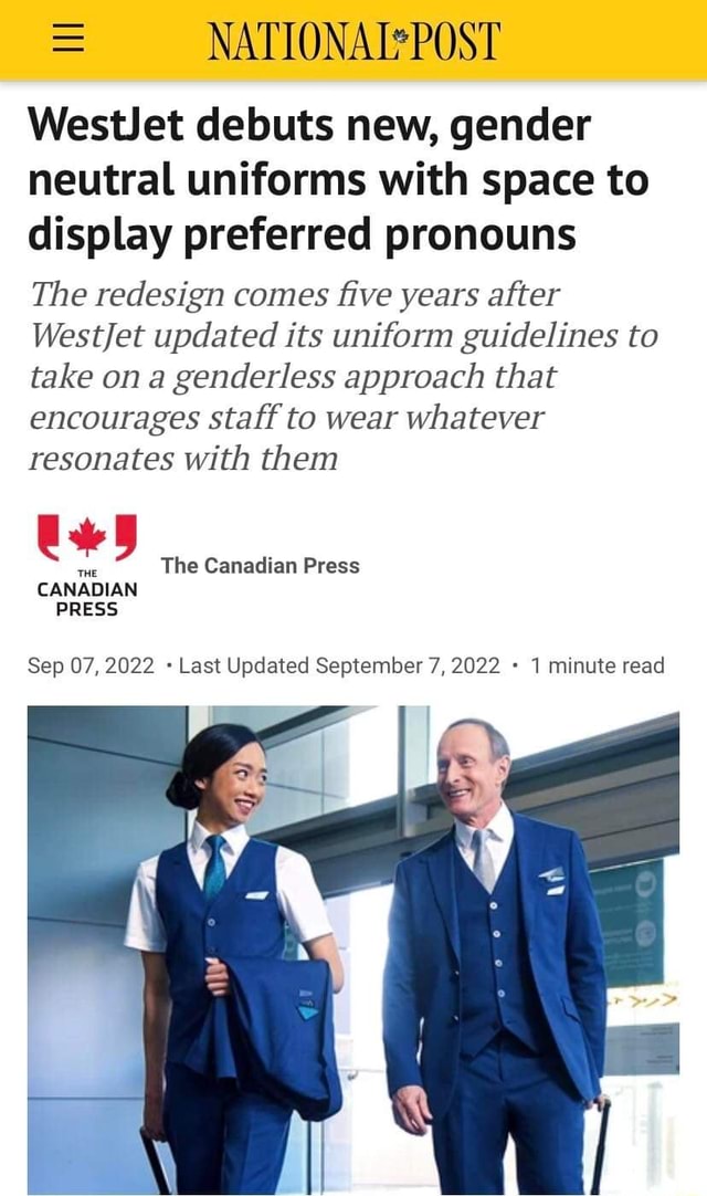 = NATIONAI*POST WestJet debuts new, gender neutral uniforms with space ...