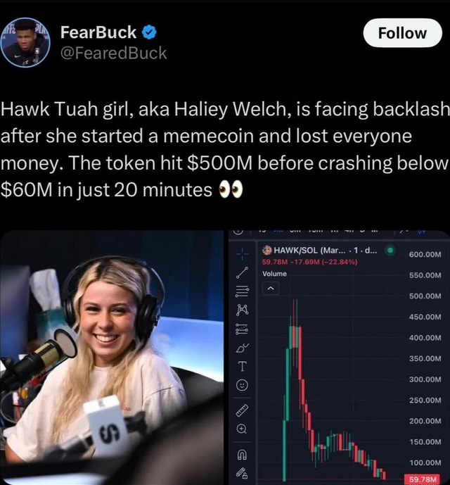 Follow FearBuck @FearedBuck Hawk Tuah girl, aka Haliey Welch, is facing ...