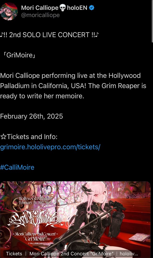 Mori Calliope holoEN @ @moricalliope SOLO LIVE CONCERT 'GriMoire, Mori Calliope performing live ...
