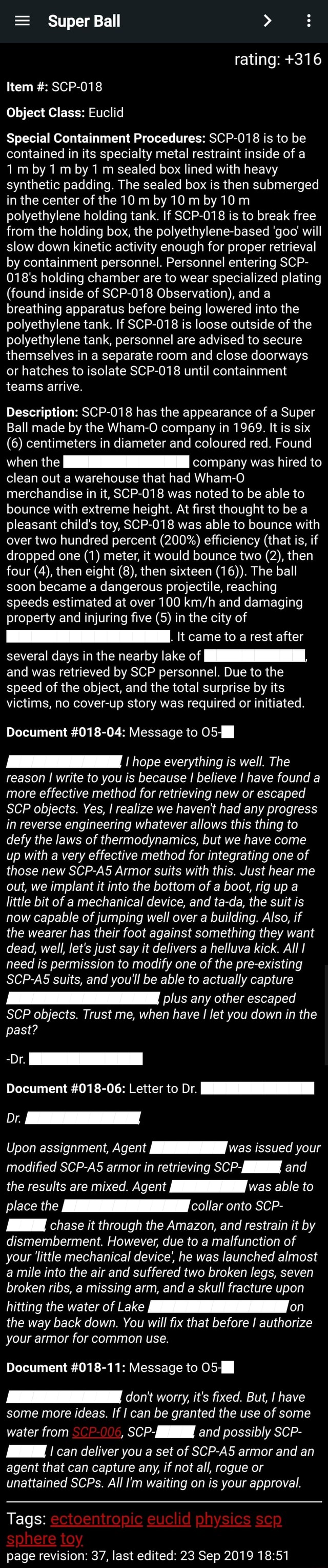 Special Containment Procedures: SCP-018 is to be contained in its ...