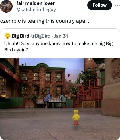 Ozempic is tearing this country apart Follow Big Bird @BigBird Jan 24 ...