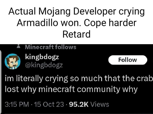 Actual Mojang Developer crying Armadillo won. Cope harder Retard ...