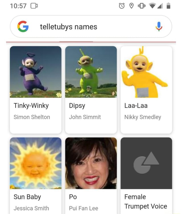 G telletubys names Tinky-Winky Dipsy Laa-Laa Simon Shelton John Simmit ...
