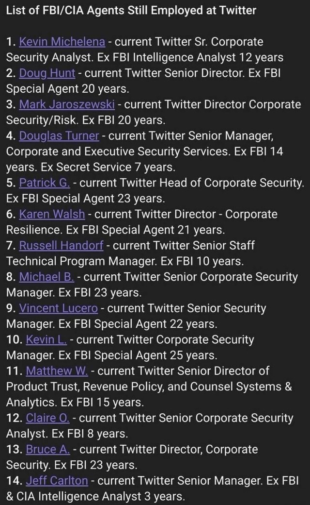 List of Agents Still Employed at Twitter 1. Kevin Michelena - current ...