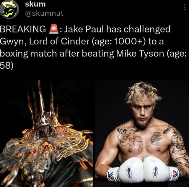 Skum @skumnut BREAKING Jake Paul has challenged Gwyn, Lord of Cinder ...