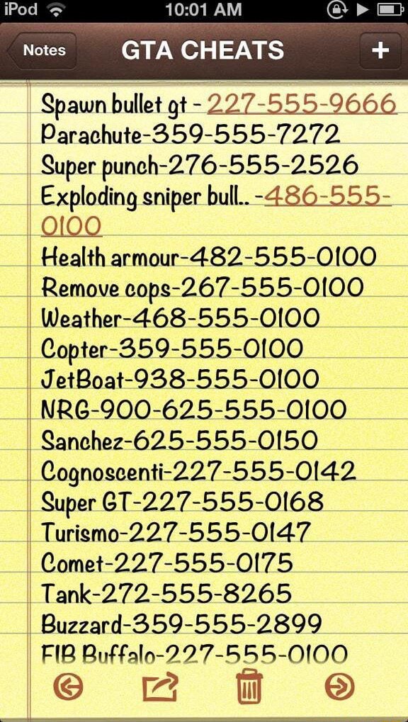 AM Notes GTA CHEATS Spawn bullet gt - 227-555-9666 Parachute-359-555 ...