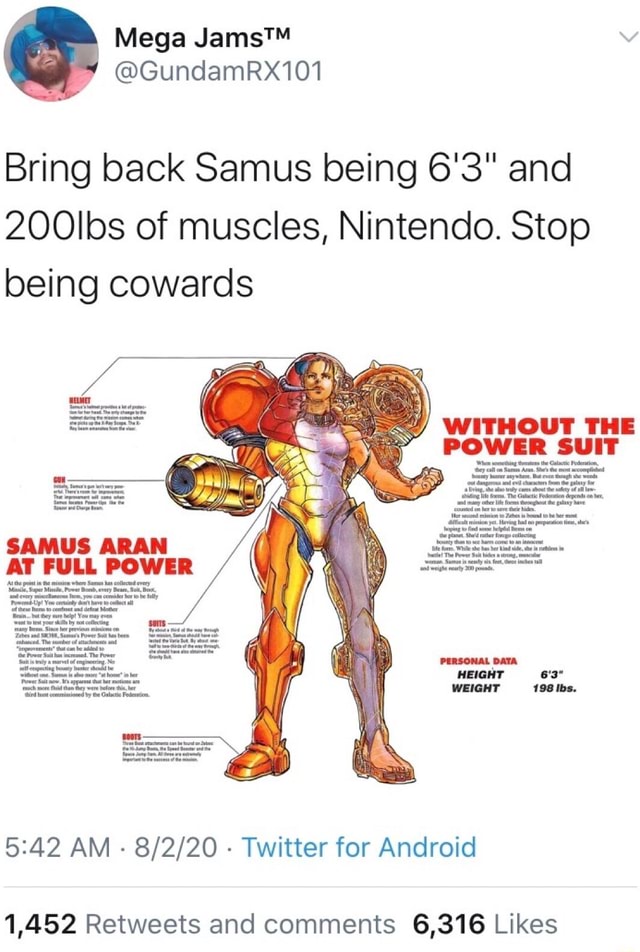 Mega Bring back Samus being 6'3" and 200lbs of muscles, Nintendo. Stop ...