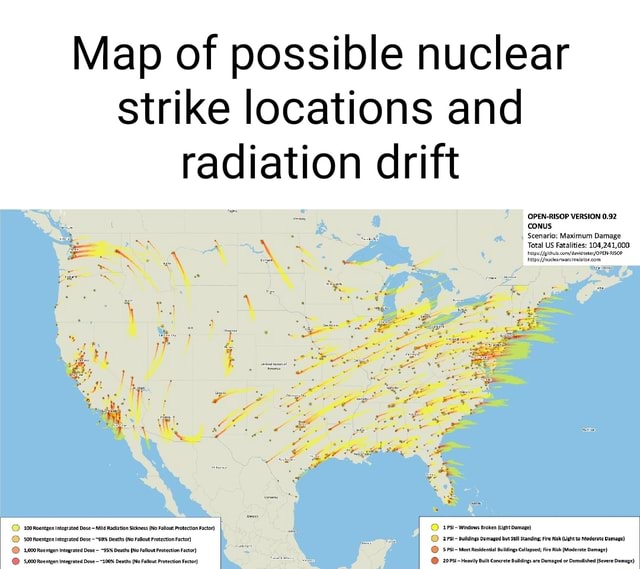 Map of possible nuclear strike locations and radiation drift - iFunny