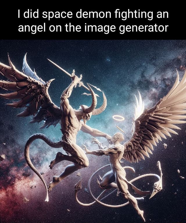 I did space demon fighting an angel on the image generator SOON - iFunny