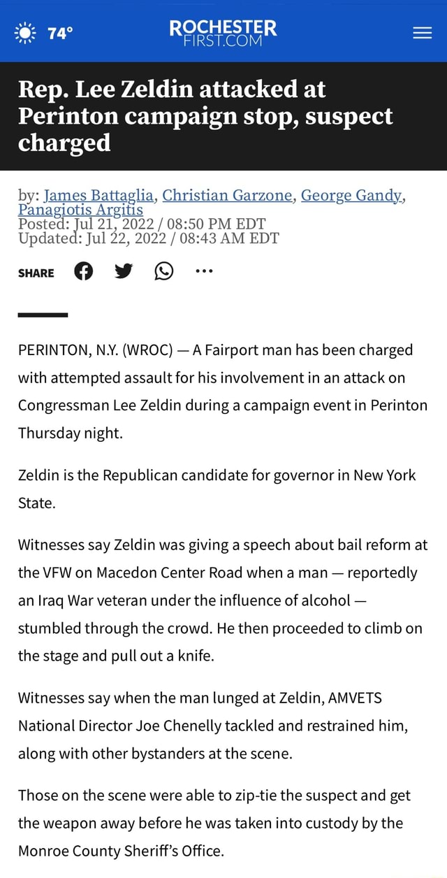 ROCHESTER Rep. Lee Zeldin attacked at Perinton campaign stop, suspect ...